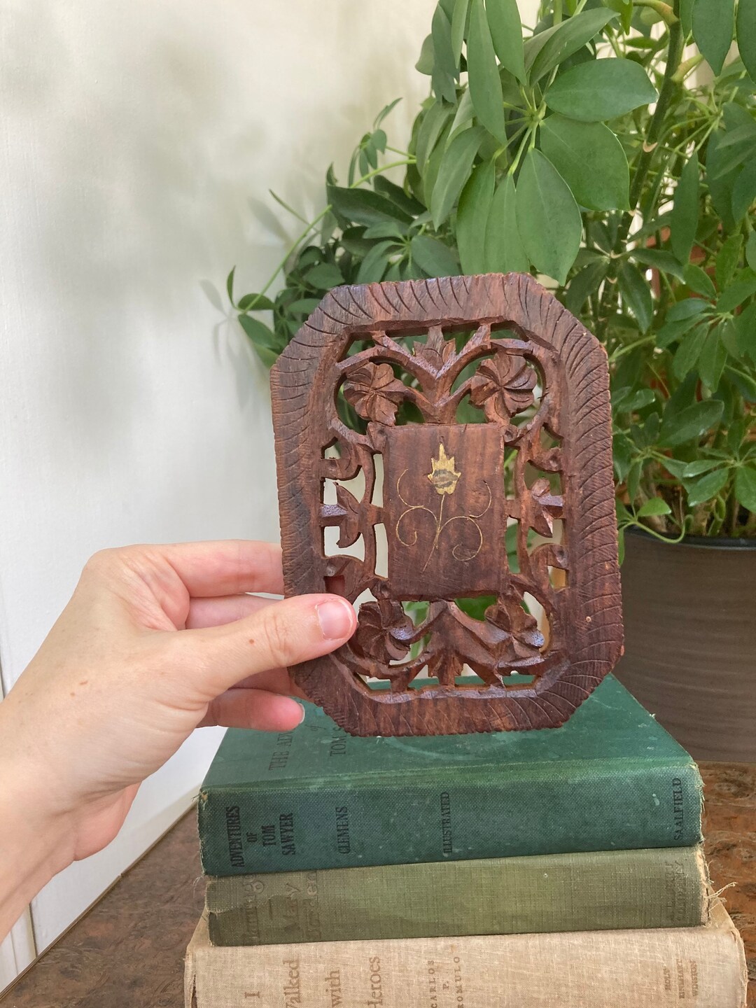 Carved Wood Trivet With Brass Inlay - Etsy