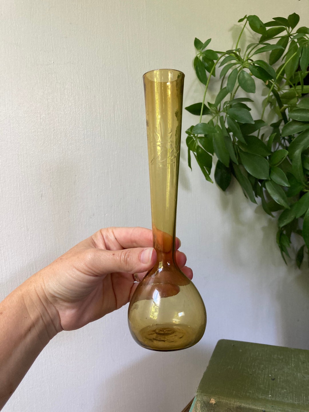 Amber Glass Bud Vase With Etched Flower. B - Etsy