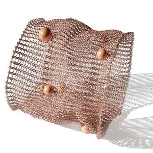 Rose Gold Bangle Bracelet Ivory Pink Pearl Beads, Wide Cuff, Wire Mesh ...