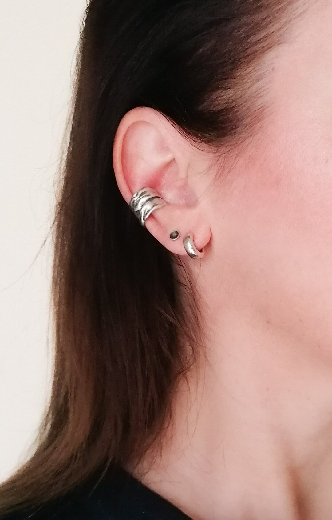 Silver 925 Conch Ear Cuff Chunky Melted Irregular Earring Non Piercing ...