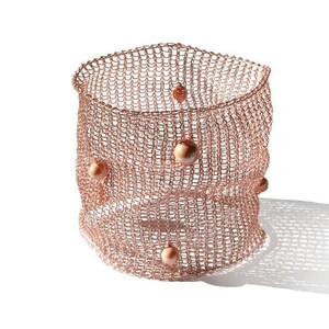 Rose Gold Bangle Bracelet Ivory Pink Pearl Beads, Wide Cuff, Wire Mesh ...