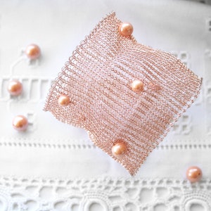Rose Gold Bangle Bracelet Ivory Pink Pearl Beads, Wide Cuff, Wire Mesh ...