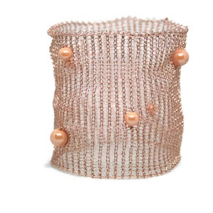 Rose Gold Bangle Bracelet Ivory Pink Pearl Beads, Wide Cuff, Wire Mesh ...