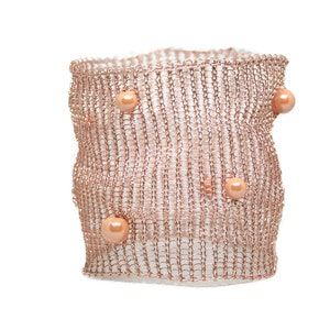 Rose Gold Bangle Bracelet Ivory Pink Pearl Beads, Wide Cuff, Wire Mesh ...