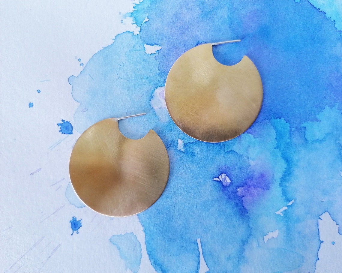 Geometric Disc Hoop Earrings Gold Brass Statement Large Big | Etsy