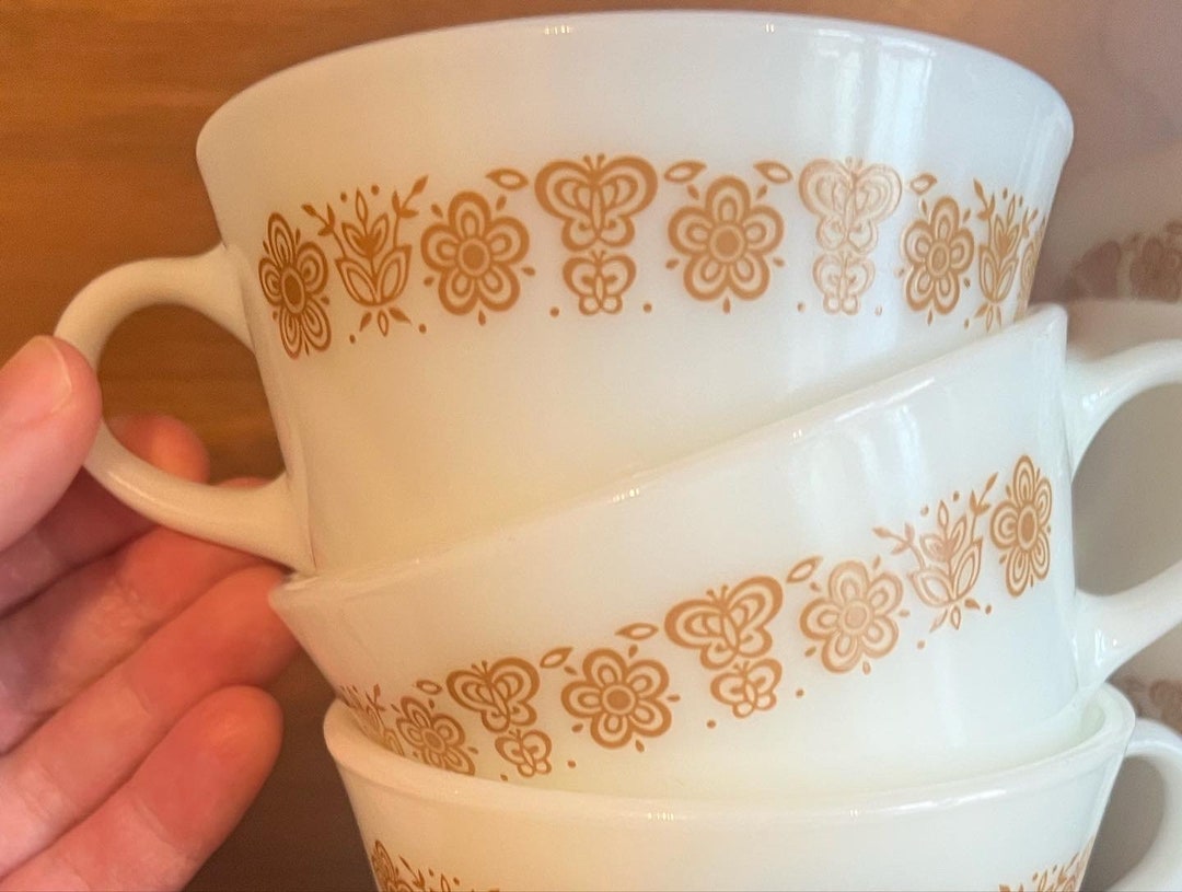 Set of 6 Pyrex Cups Butterfly Gold Pattern Milk Glass Vintage Pyrex Tea ...