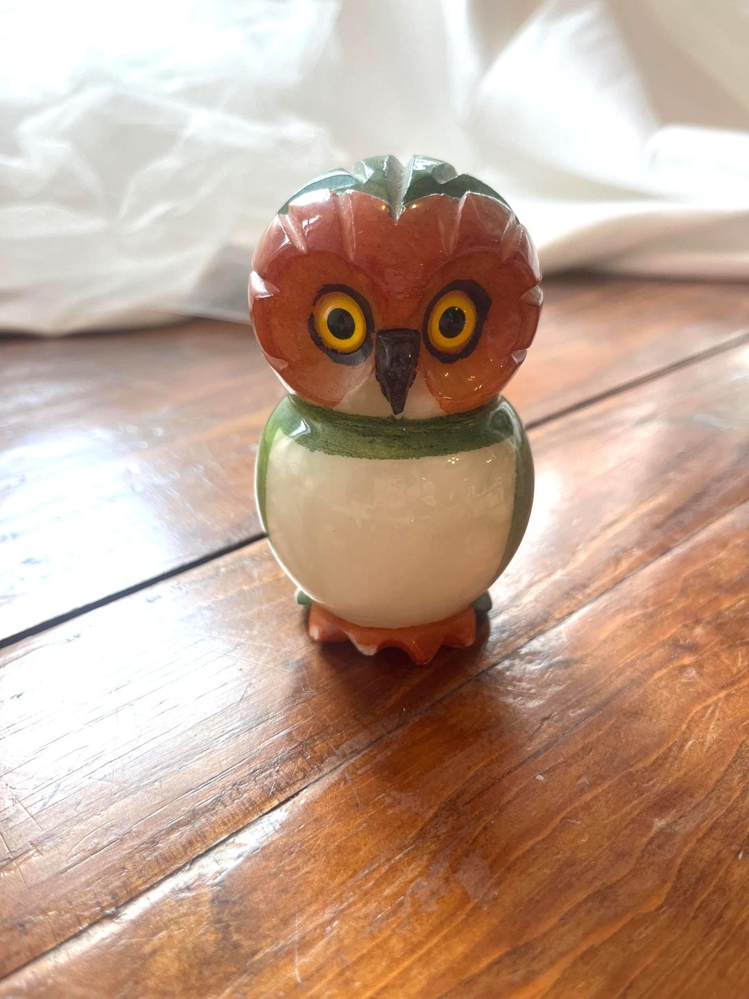 Vintage Alabaster Owl Figurine or Paperweight | Green and Orange Owl - Etsy