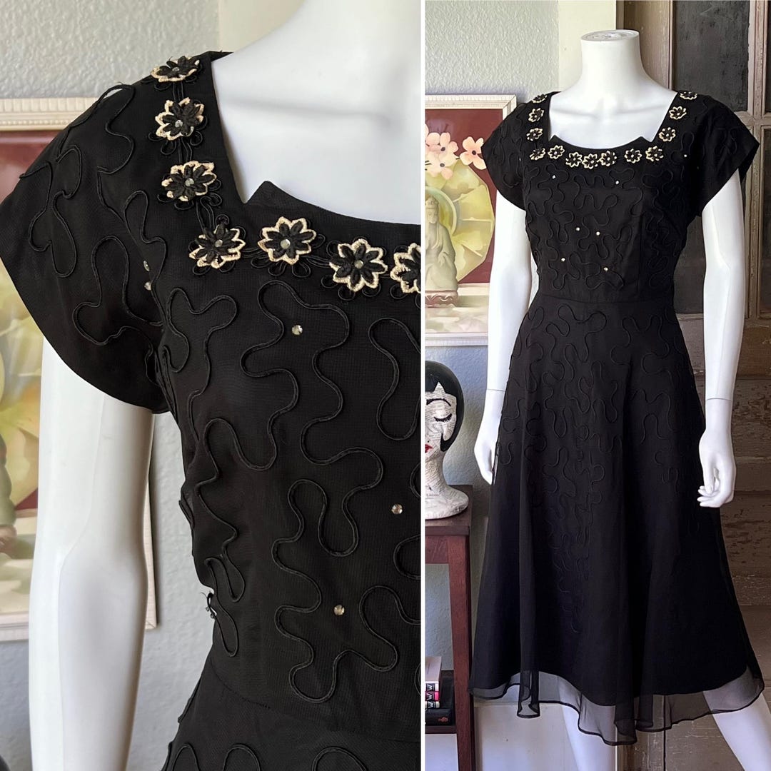 1940’s Vintage Black Net Dress With Soutache Appliqué, Floral ...