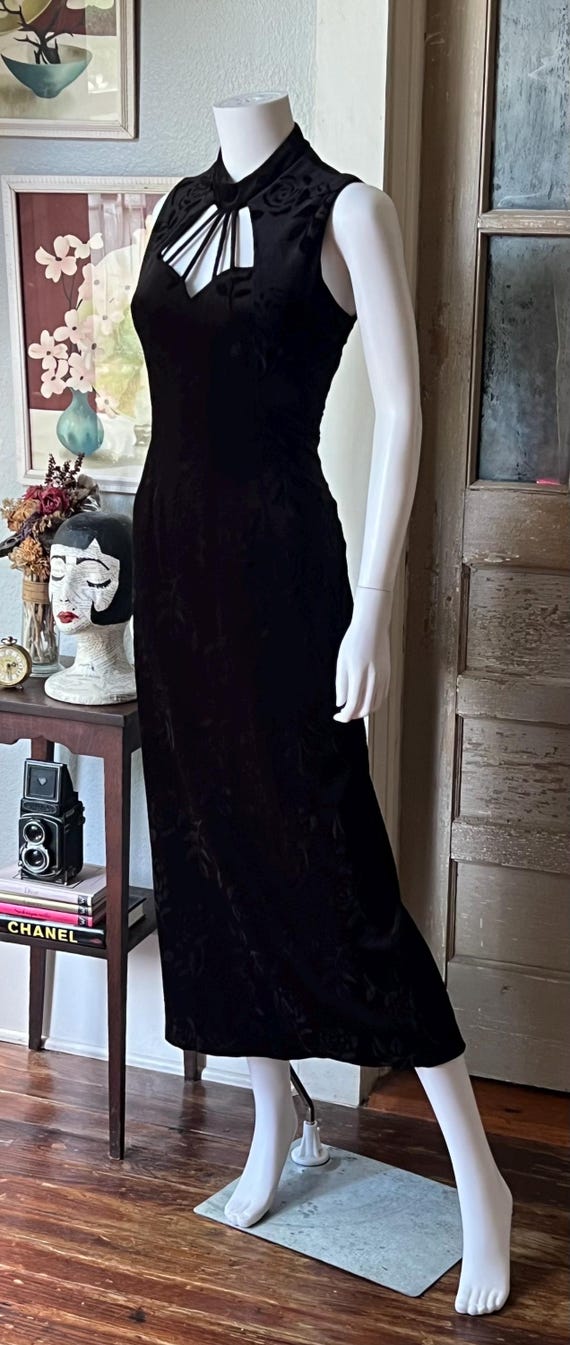 1990’s Vintage Cage Neck Velvet Rose Print Maxi Dress… - Gem
