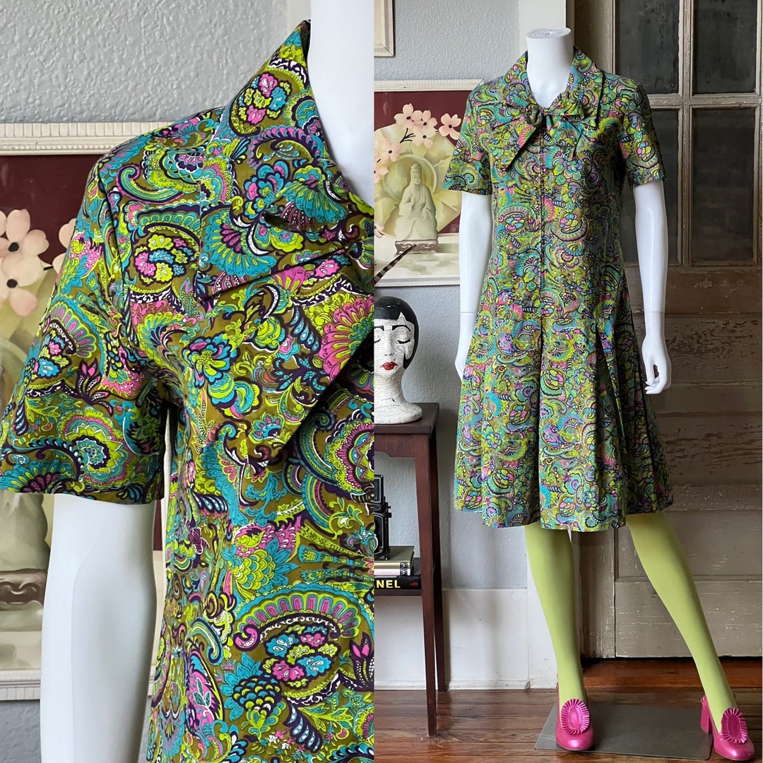 1960’s Vintage Kay Whitney Psychedelic Paisley Drop Waist Dress With ...