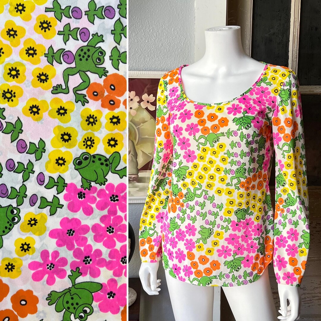 1970’s Vintage Rose Marie Reed Nylon Frog and Flower Novelty Print Top ...