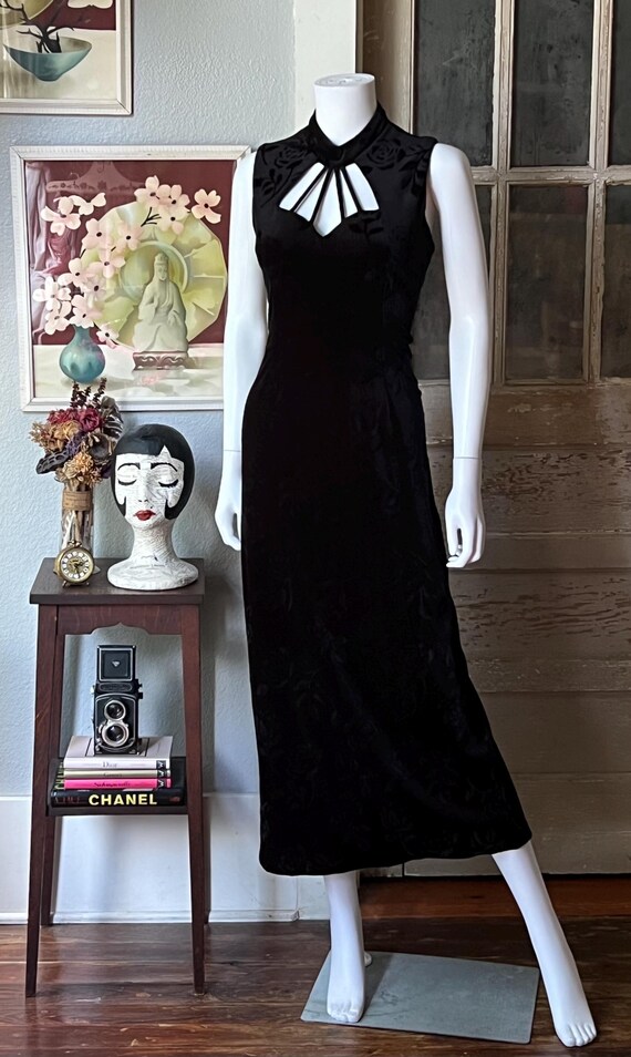 1990’s Vintage Cage Neck Velvet Rose Print Maxi Dress… - Gem