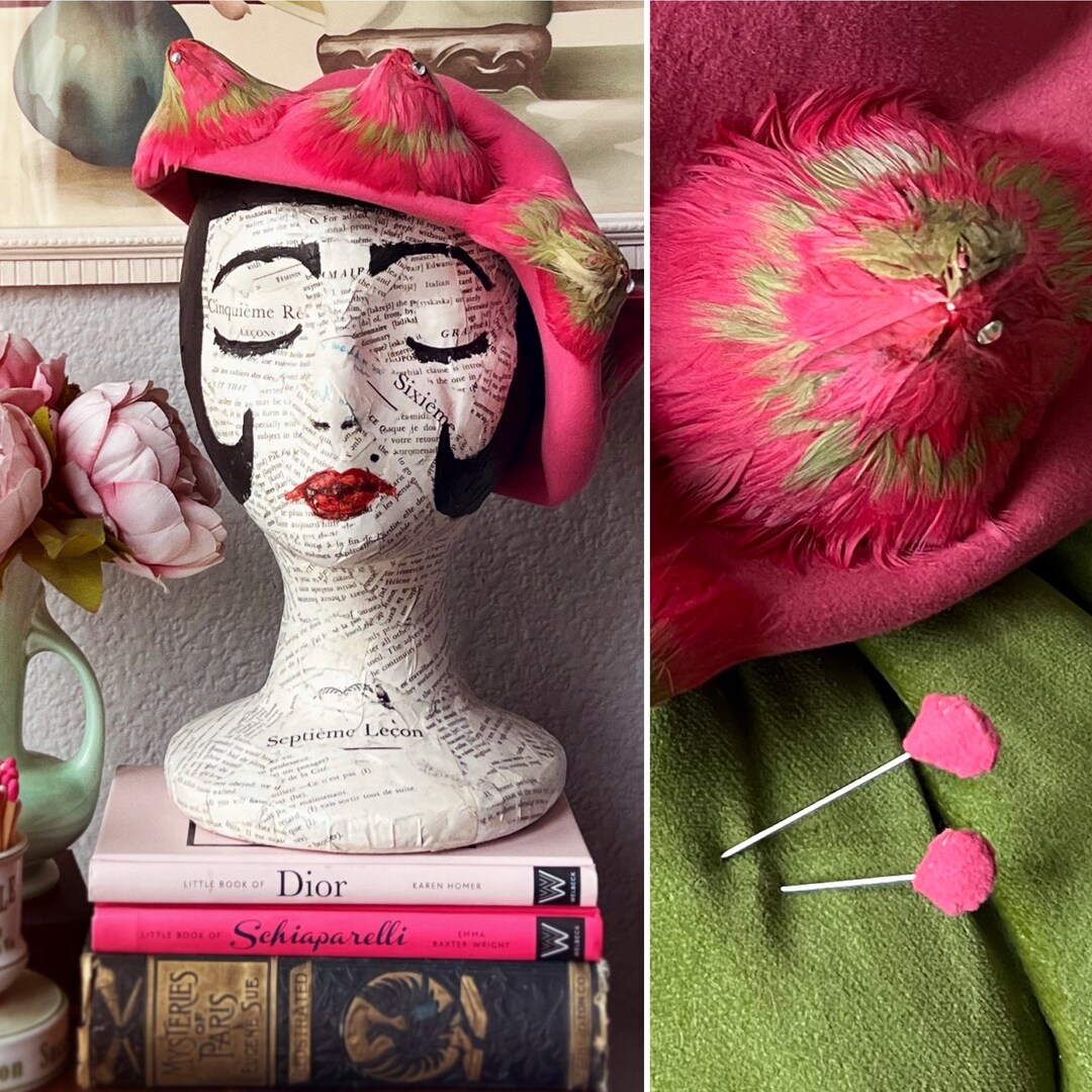 1950’s Vintage Frances Adams Pink and Green Feather Hat - Etsy