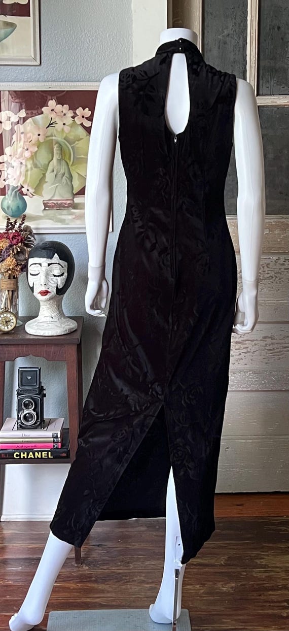 1990’s Vintage Cage Neck Velvet Rose Print Maxi Dress… - Gem