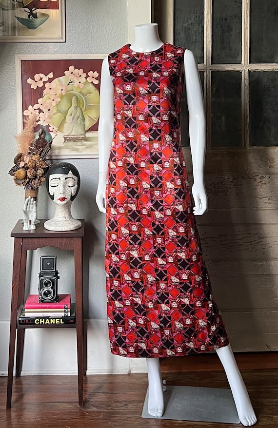 1960’s Vintage Novelty Card Print Maxi Sheath Dress - Gem