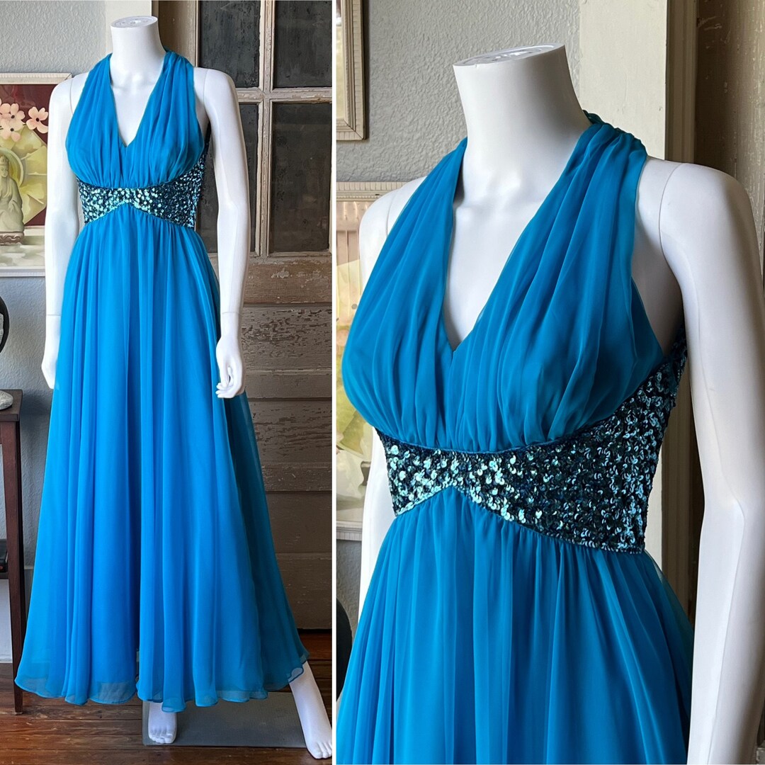 1960s Vintage Blue Chiffon and Sequin Dress by Mike Benet Formals - Etsy UK