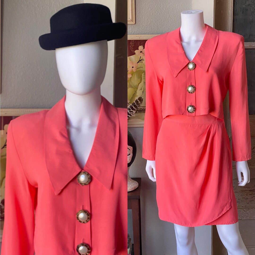 Vintage 1980's Coral Cropped Jacket and Wrap Skirt Set by Rampage - Etsy