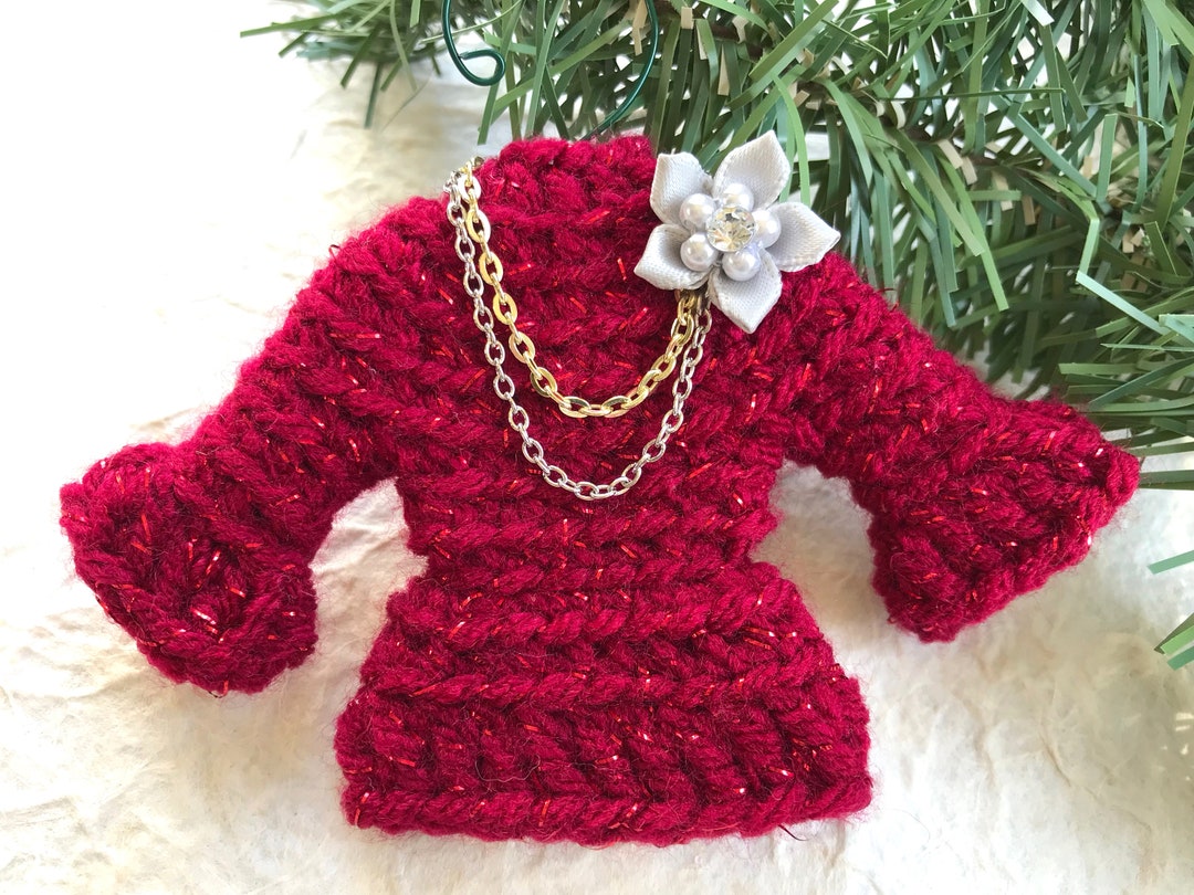 Sweater Ornament, Miniature Crochet Sweater in Red With Metallic Red ...