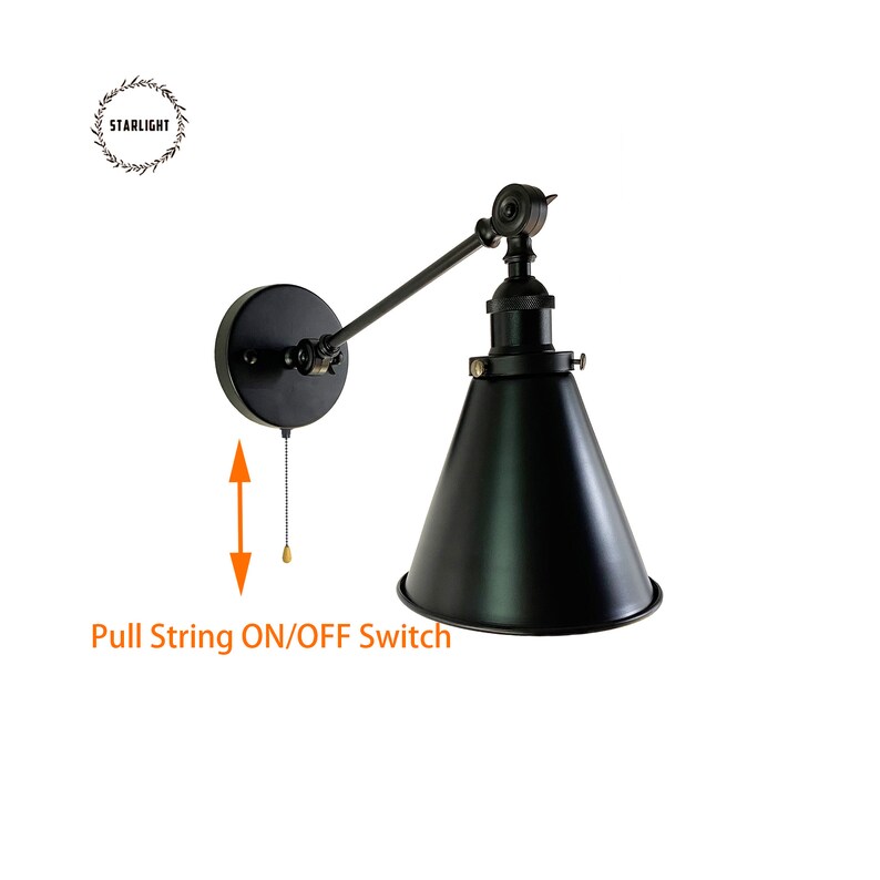 Pull String Wall Sconce, Matte Black Wall Lamp, Bedside Night Light ...