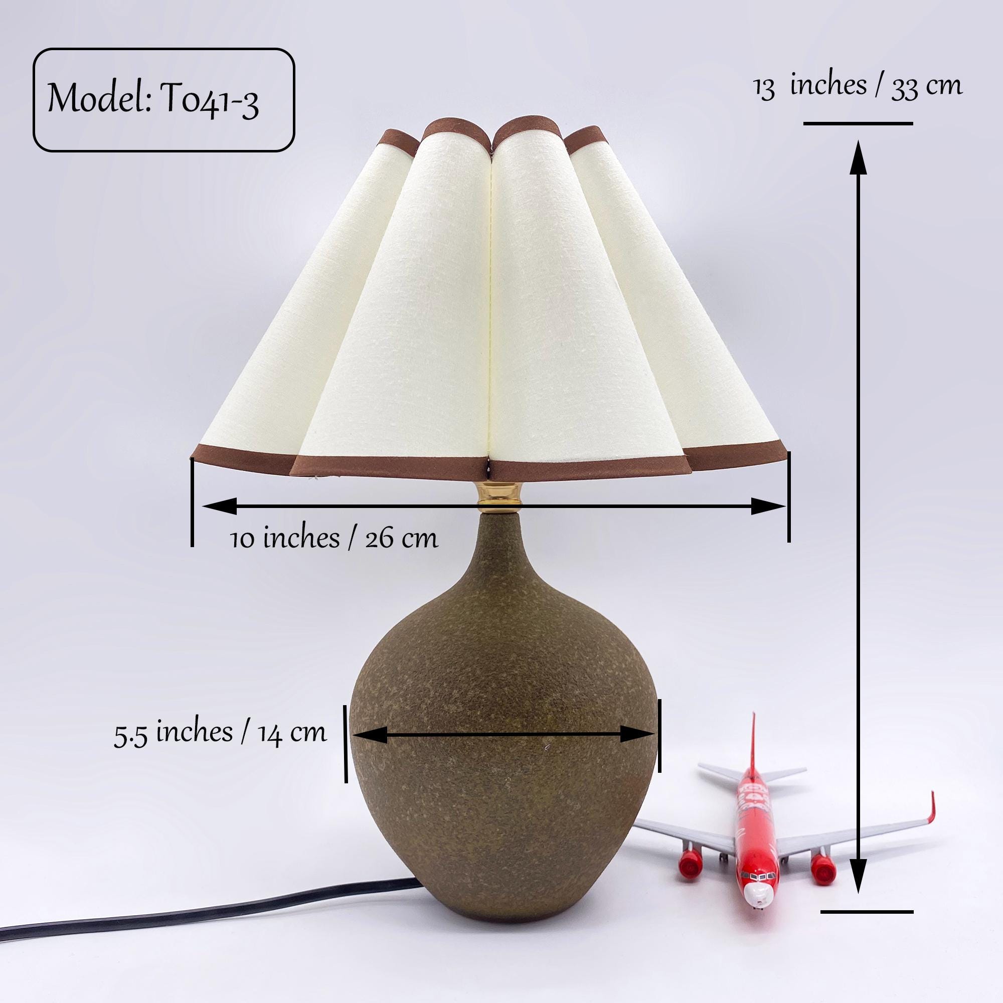 Handcrafted Rustic Ceramic Table Lamp, Fabric Lampshade With Brown Trim ...