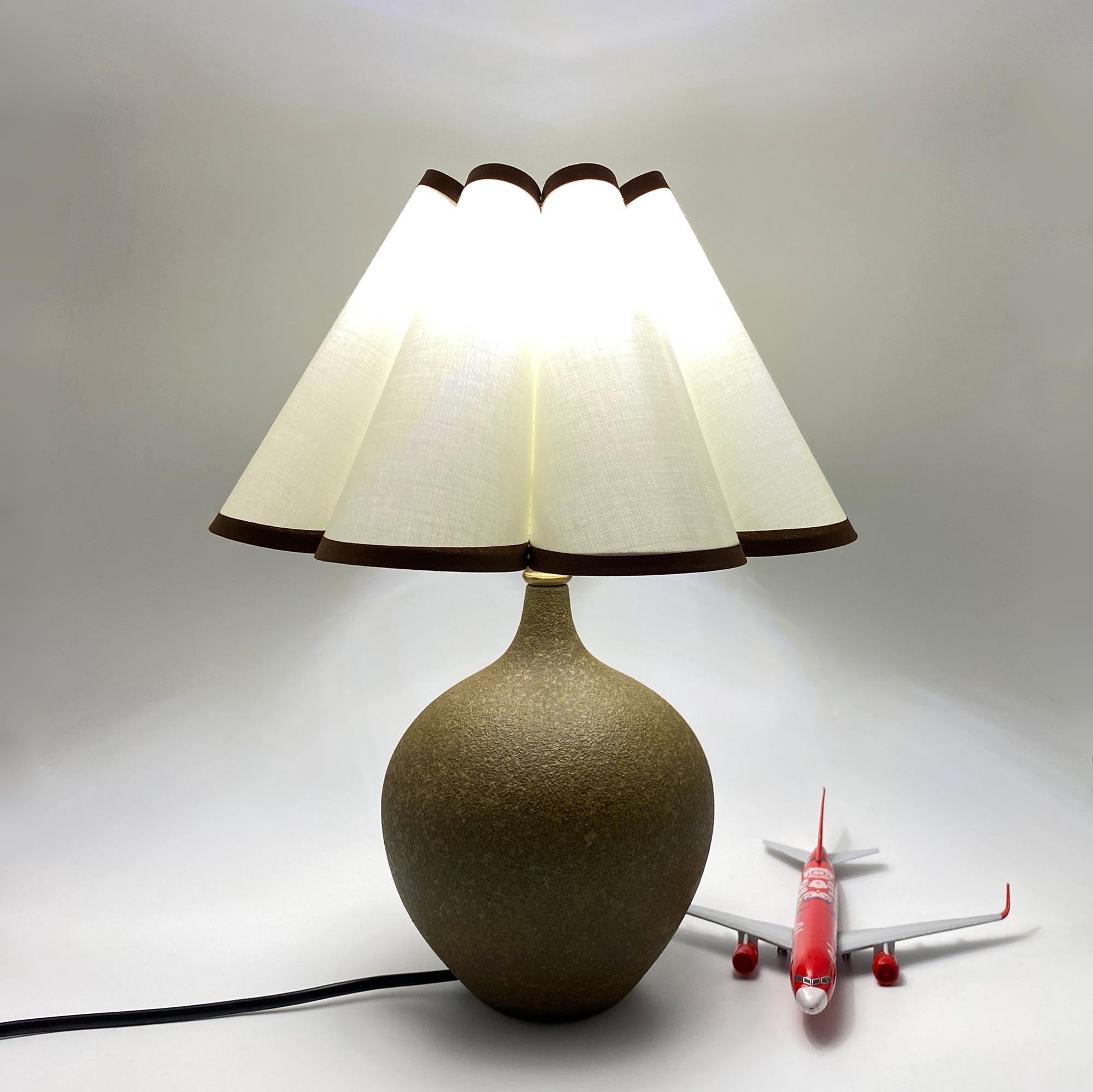 Handcrafted Rustic Ceramic Table Lamp, Fabric Lampshade With Brown Trim ...