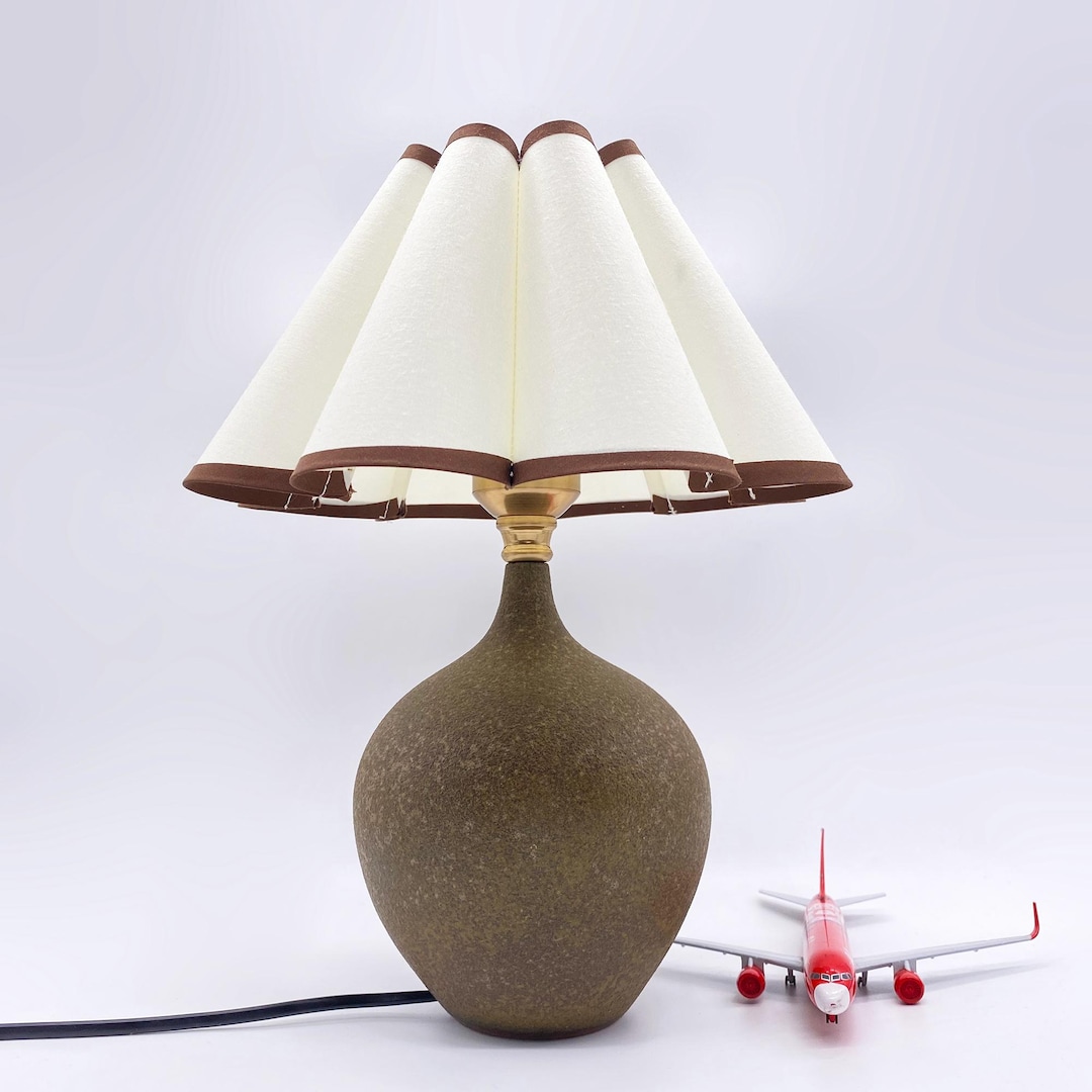 Handcrafted Rustic Ceramic Table Lamp, Fabric Lampshade With Brown Trim ...