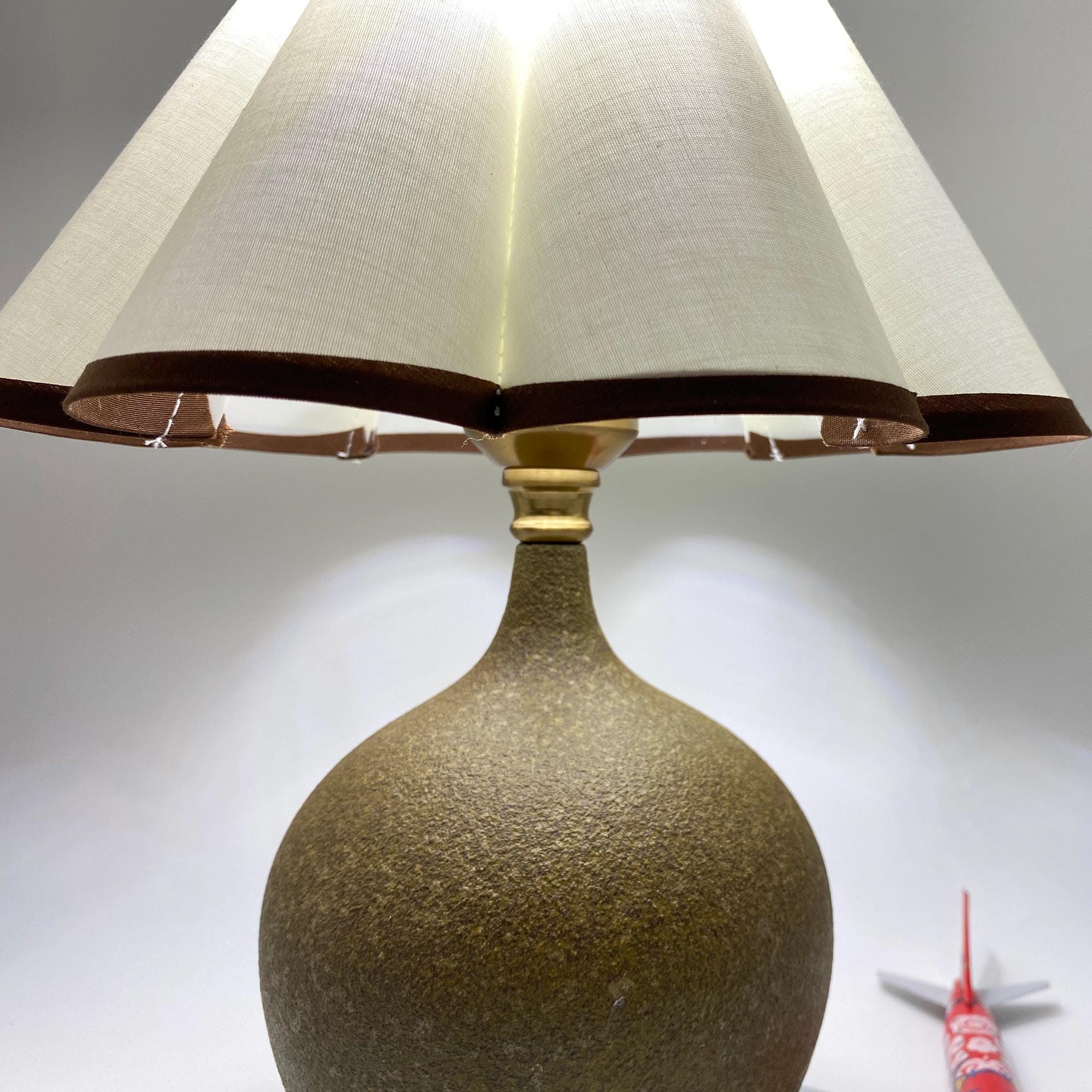 Handcrafted Rustic Ceramic Table Lamp, Fabric Lampshade With Brown Trim ...