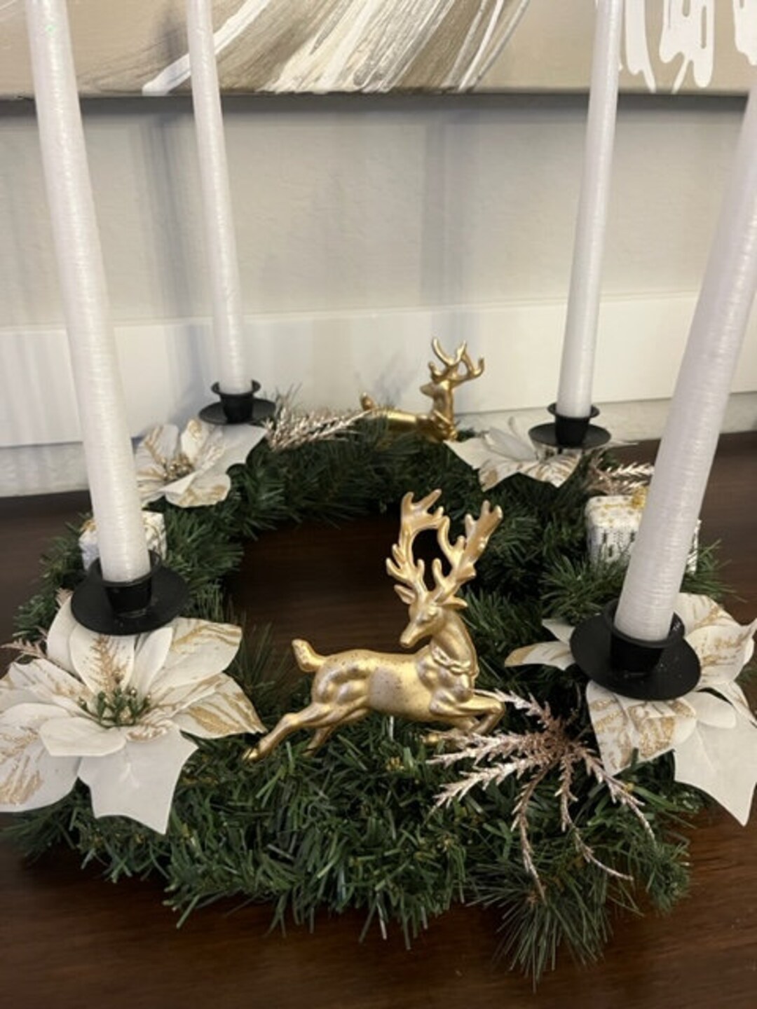 Reindeer Advent Wreath; Gold Christmas Centerpiece; Poinsettia Candle ...
