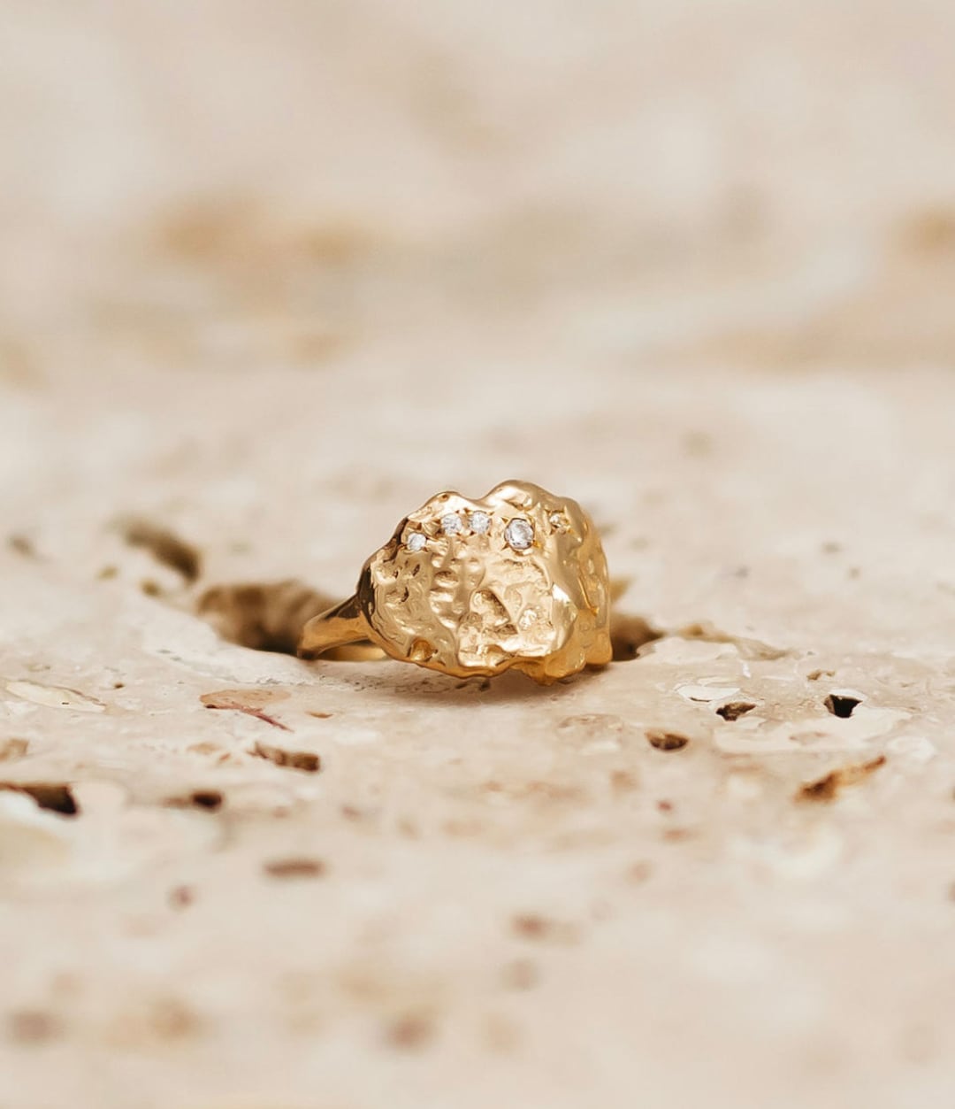 STARRY NIGHT Molten Gold Organic Thick Chunky Band Ring With White ...