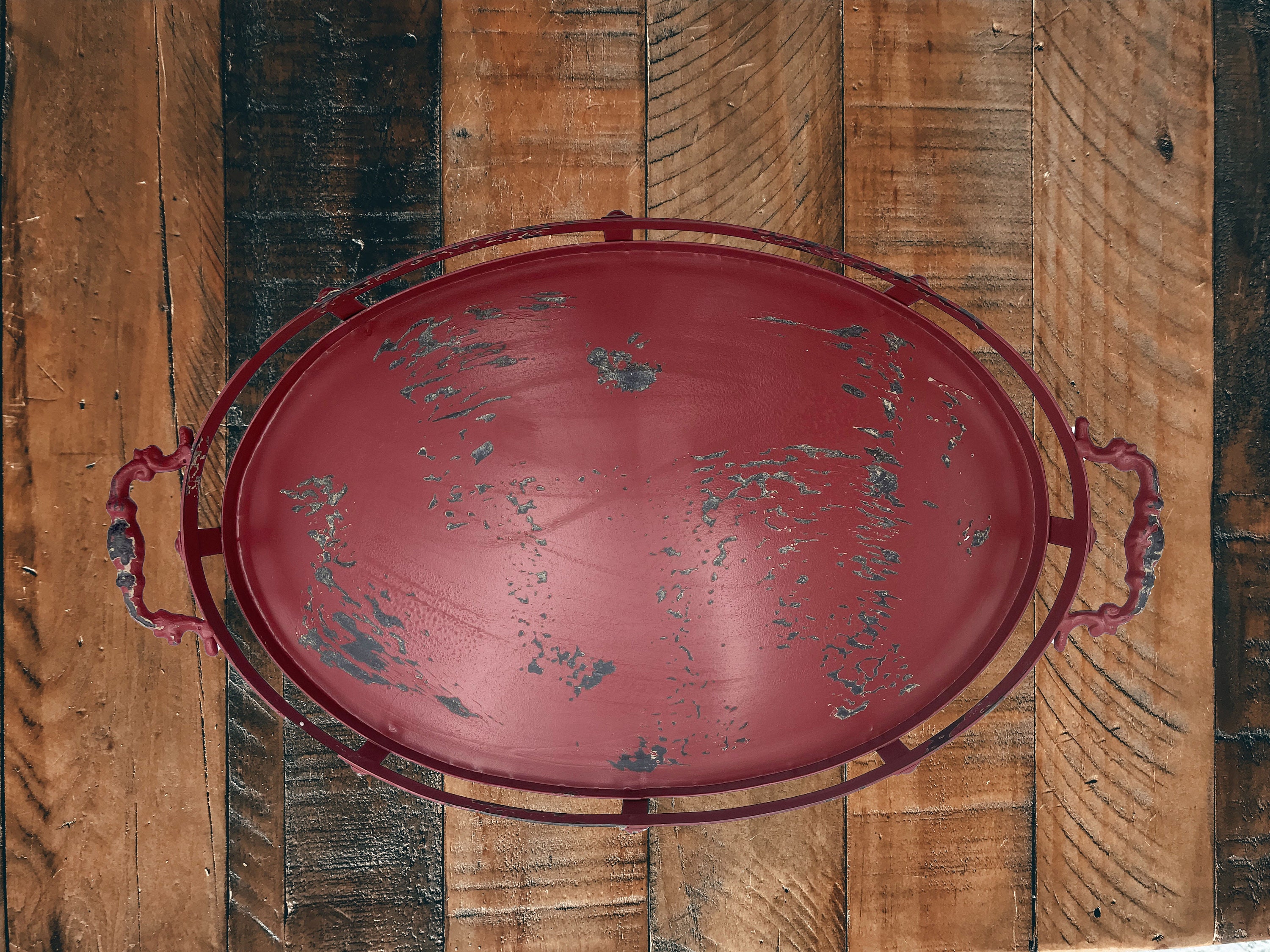 Oval Metal Red Tray With Handles, Decorative Centerpiece for Coffee ...