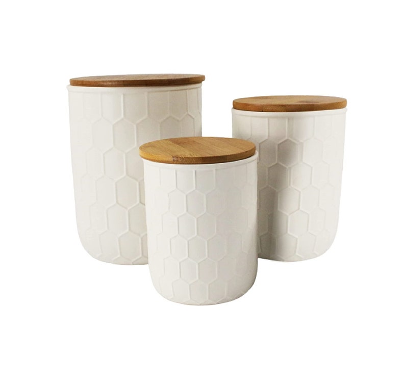 Kitchen Canisters White Stoneware Canisters With Bamboo - Etsy