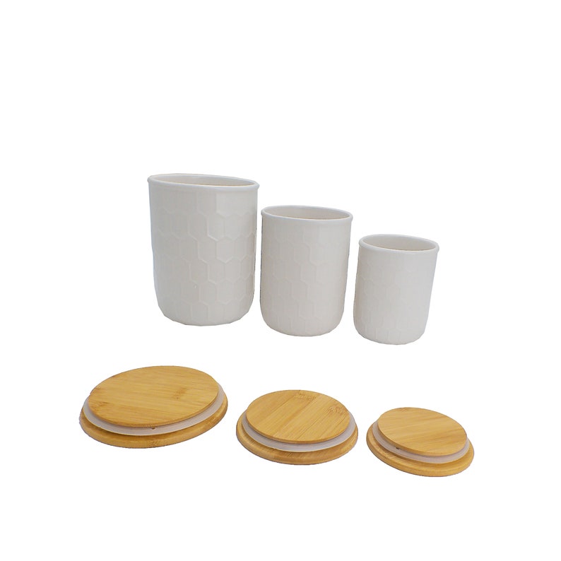Kitchen Canisters White Stoneware Canisters With Bamboo - Etsy