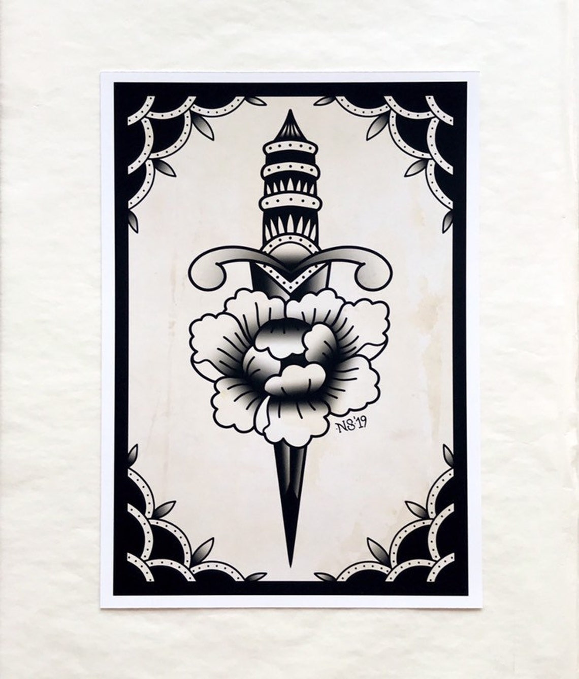 Dagger Tattoo Print Peony Flower & Dagger Print Tattoo | Etsy