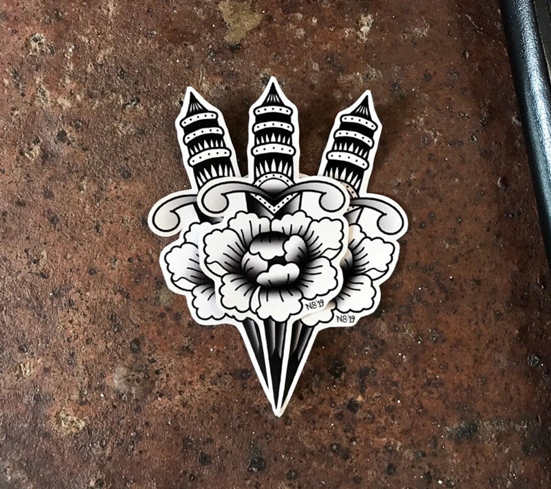 Vinyl Sticker, Peony Dagger Tattoo Sticker, B&W Tattoo Sticker ...