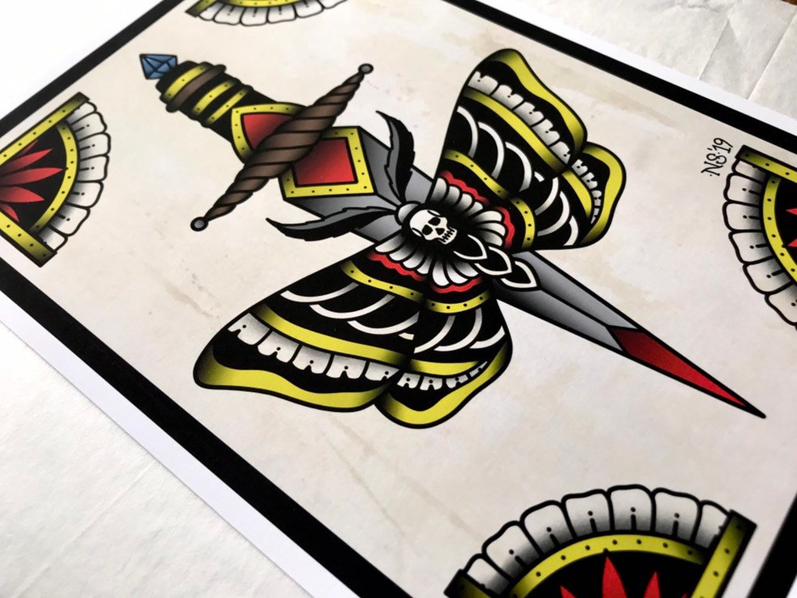 Death Moth Tattoo Print Moth Dagger Print Tattoo Print - Etsy