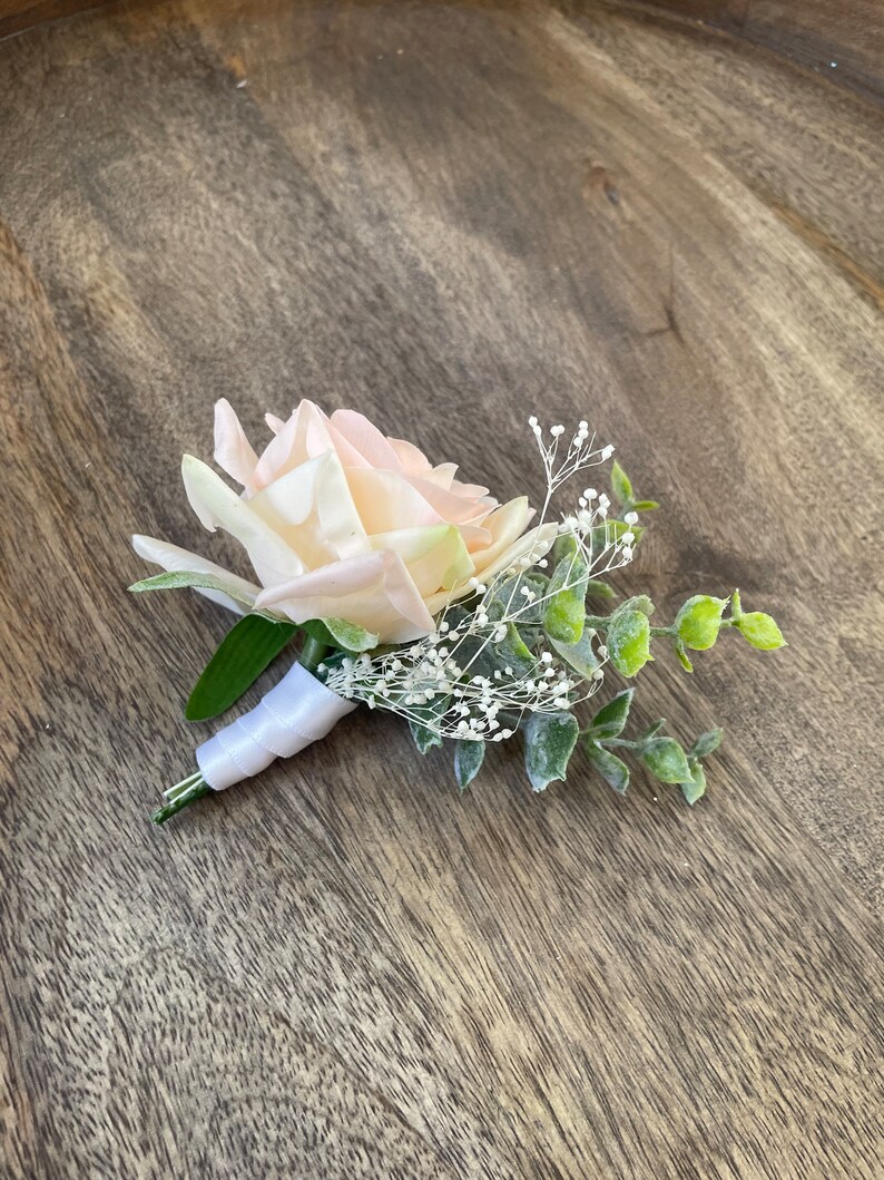 Classic Light Blush Rose Boutineer, boutonnieres With Eucalyptus and ...