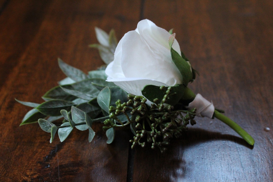 Classic White Rose Boutineer, (boutonnieres) With Eucalyptus. Simple ...