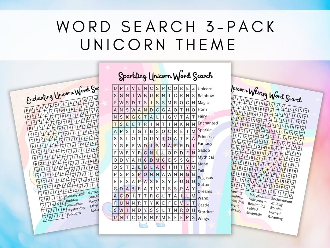 Unicorn Word Search Puzzles: 3-pack Printable Games (PDF) - Etsy