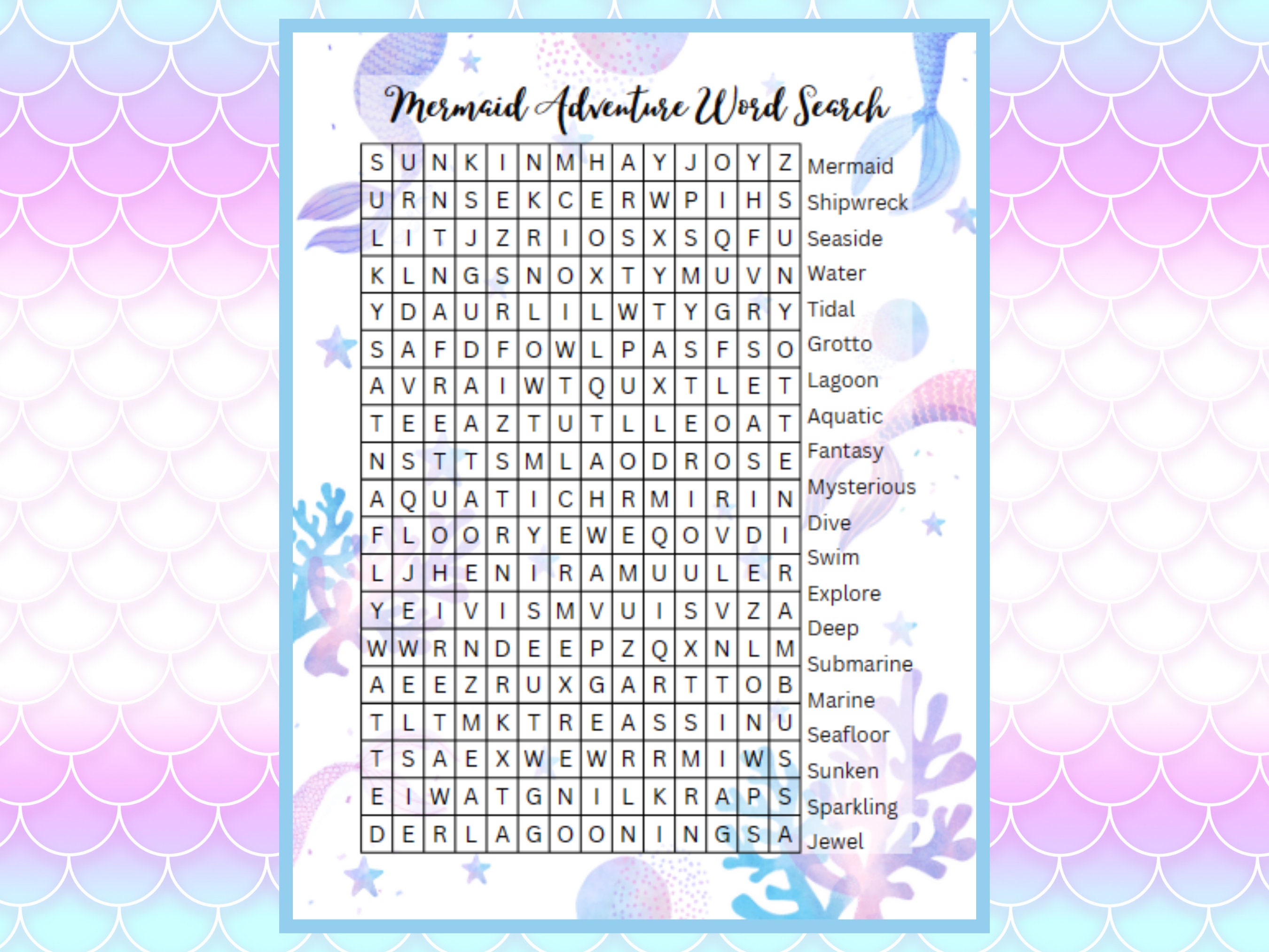 Mermaid Word Search Printable Word Search for Kids Word Puzzle Games ...