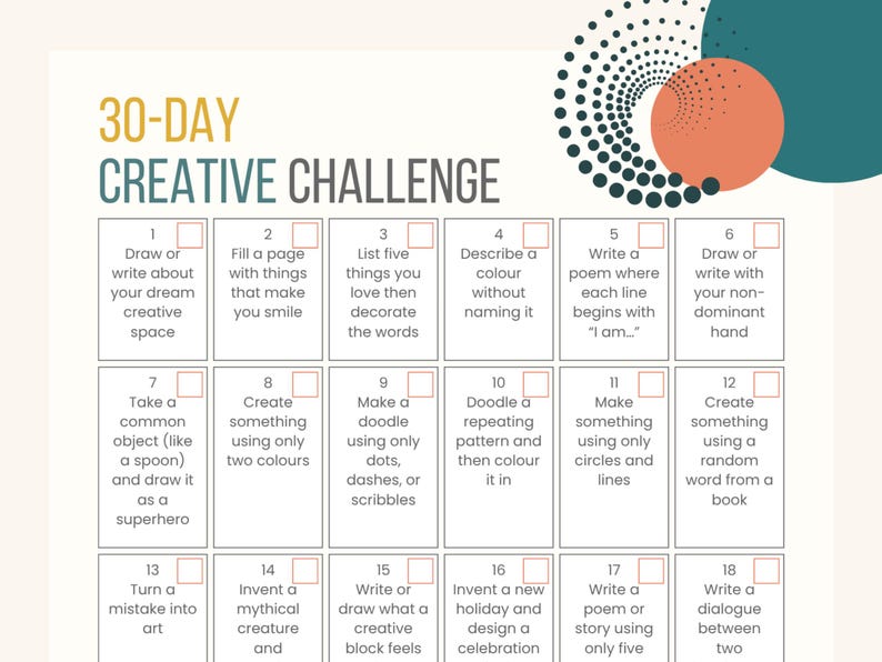 30-day Creative Challenge: Printable Journal Prompts for Adults & Teens ...