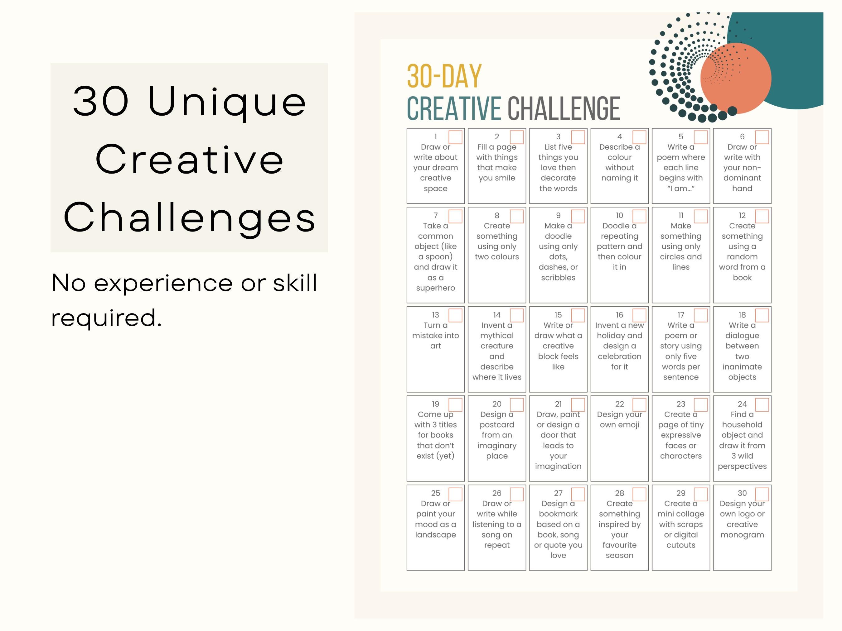 30-day Creative Challenge: Printable Journal Prompts for Adults & Teens ...
