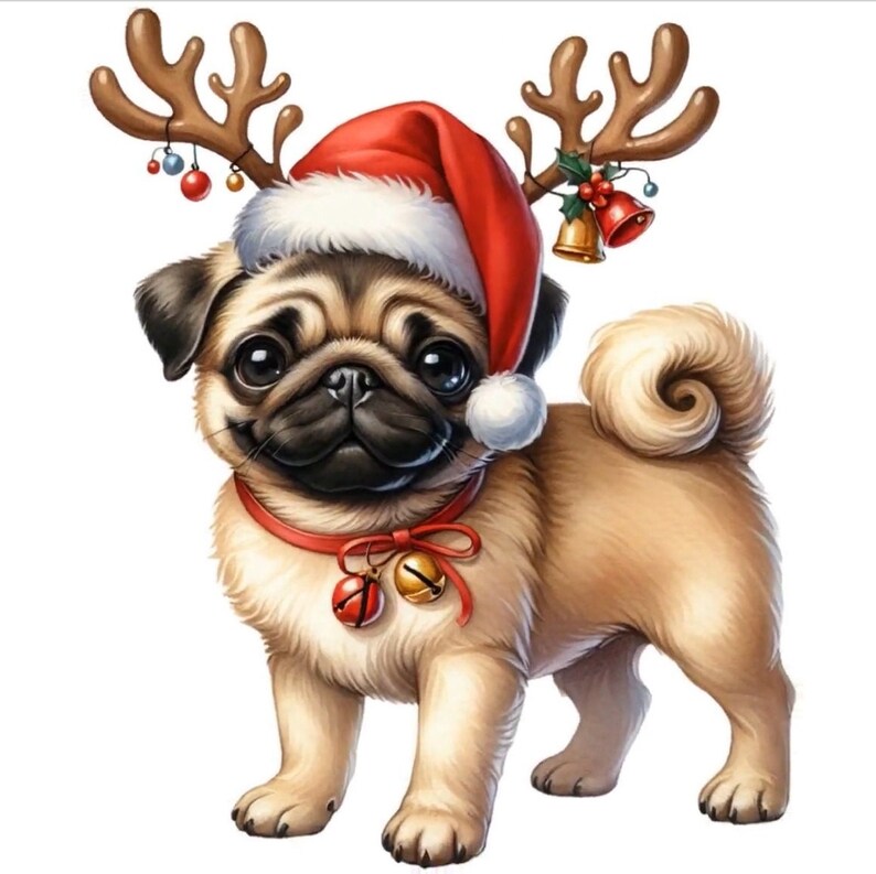 Festive Pug Clipart Adorable Cartoon Pug in Santa Hat With Antlers ...