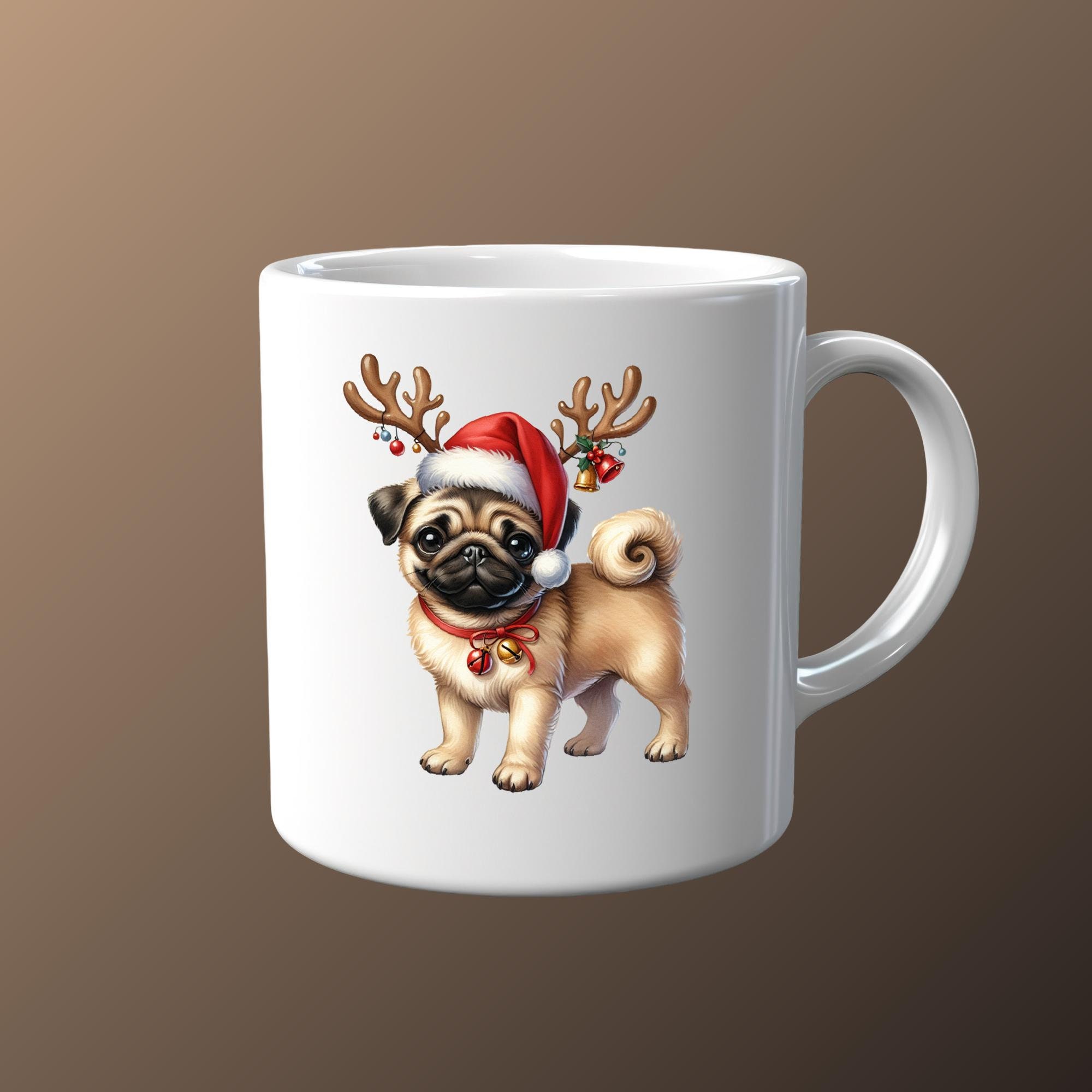 Festive Pug Clipart Adorable Cartoon Pug in Santa Hat With Antlers ...