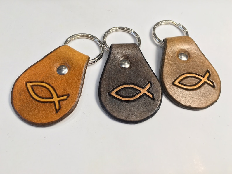 Personalized Leather Jesus Fish Keychain, Christian Ichthys Symbol ...