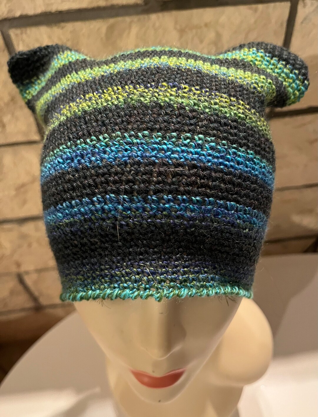 Very Pretty Cat Ears Cap Fir Green and Thread Changing Blue Green Tones ...