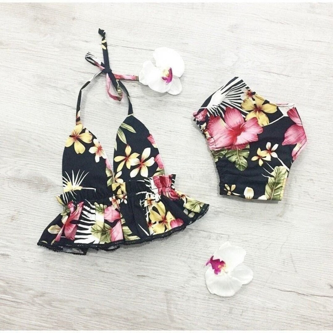 Tropical Baby Girl Outfit, Black Floral Baby Set, Halter Tie Top and ...