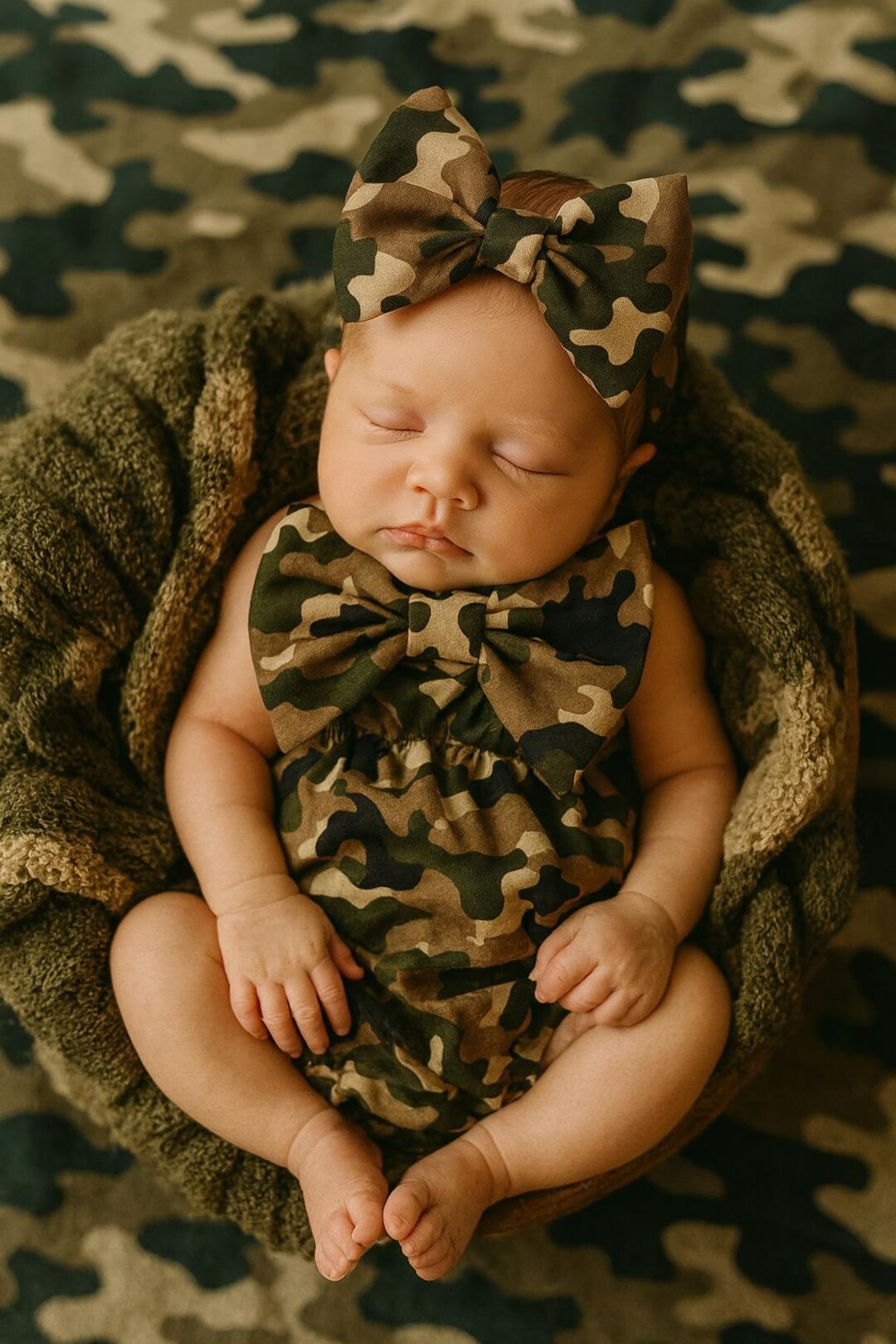 Military Baby Girl Romper Bow Front Outfit, Camo Baby Outfit Set With ...