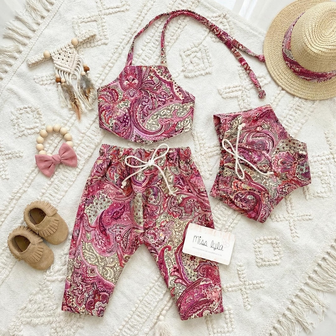 Boho Pink Baby Girl Outfit, Patchwork Top Bummies Pants Set, Bohemian ...