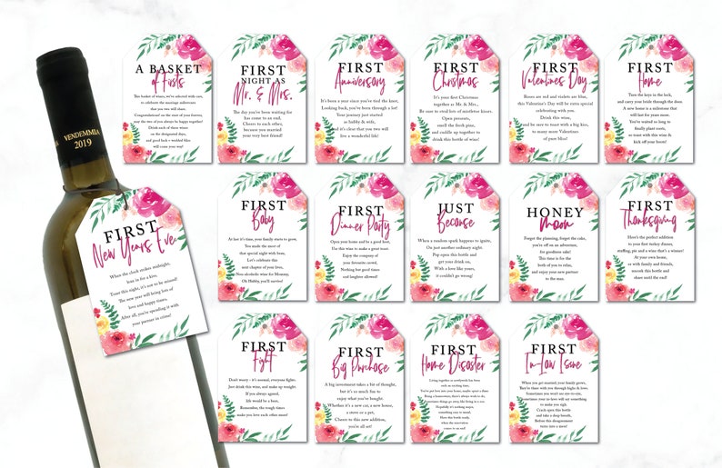 Marriage Milestone Wine Basket Tags - A Year of Firsts - Wine Gift ...
