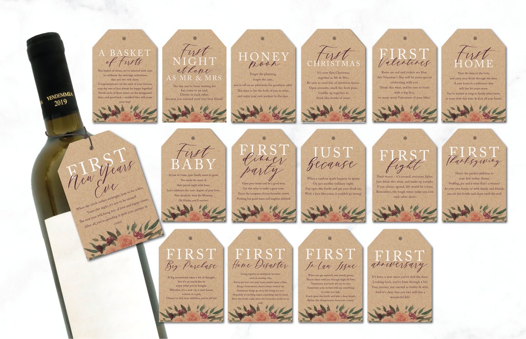 Marriage Milestone Wine Basket Tags - A Year of Firsts - Wine Gift ...